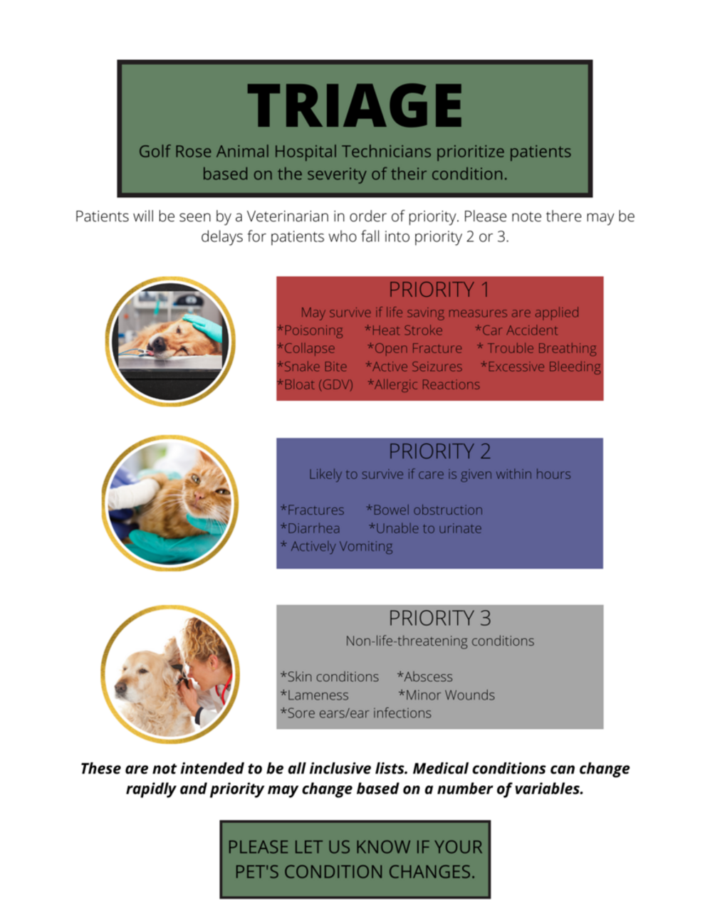 Pet Treatment Priority Levels | Golf Rose Animal Services